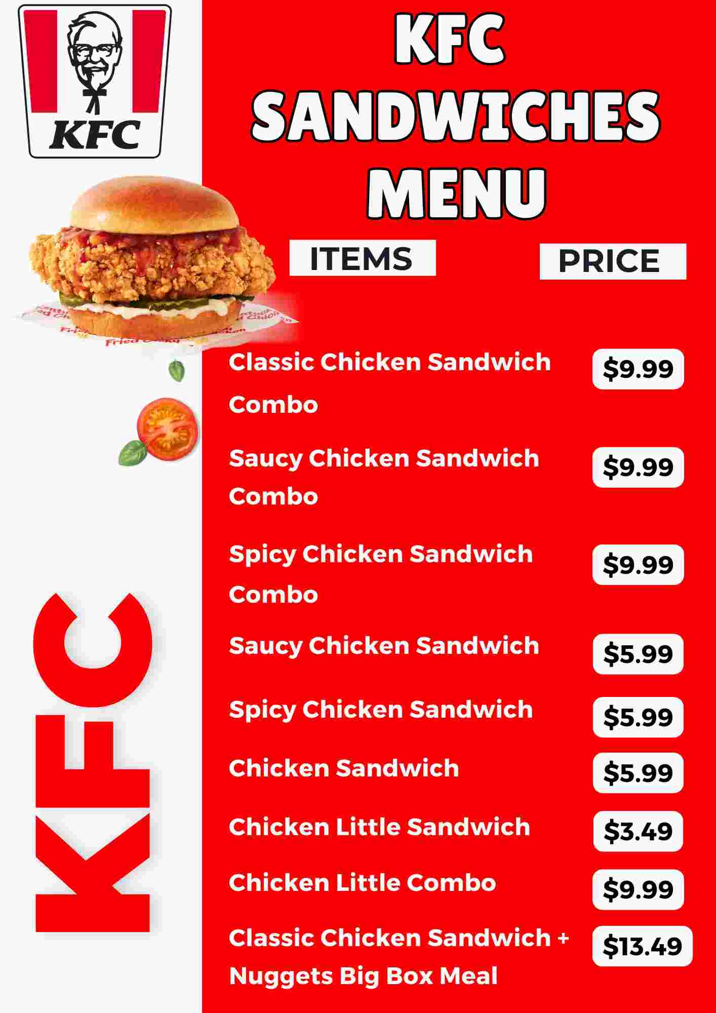 KFC Sandwiches Menu With Prices in USA - KFC MENU